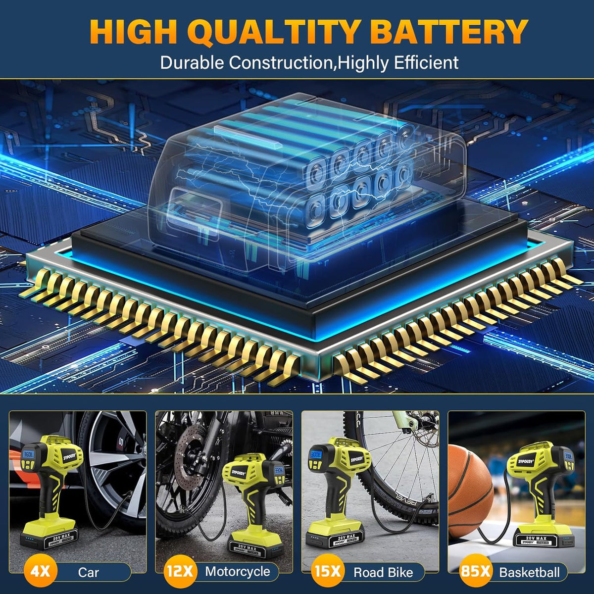 Cordless Tire Inflator – Portable 20V Air Pump with Dual Power Modes f ...