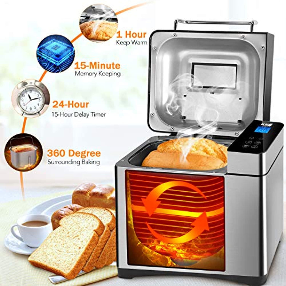 Stainless Steel Bread Machine, 2LB 17-in-1 Programmable XL Bread Maker ...