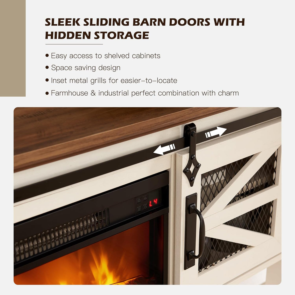 13'' Electric Fireplace Heater & Sliding Barn Doors, 46'' Console Tabl ...