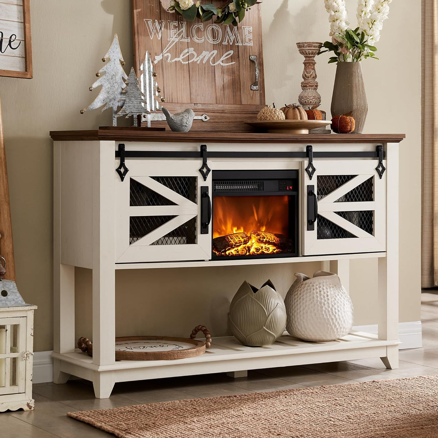13'' Electric Fireplace Heater & Sliding Barn Doors, 46'' Console Tabl ...