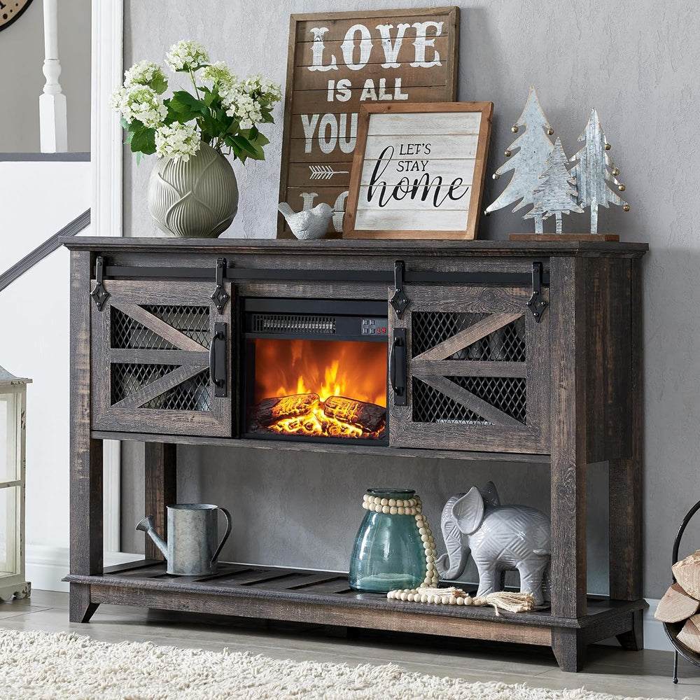 13'' Electric Fireplace Heater & Sliding Barn Doors, 46'' Console Tabl ...