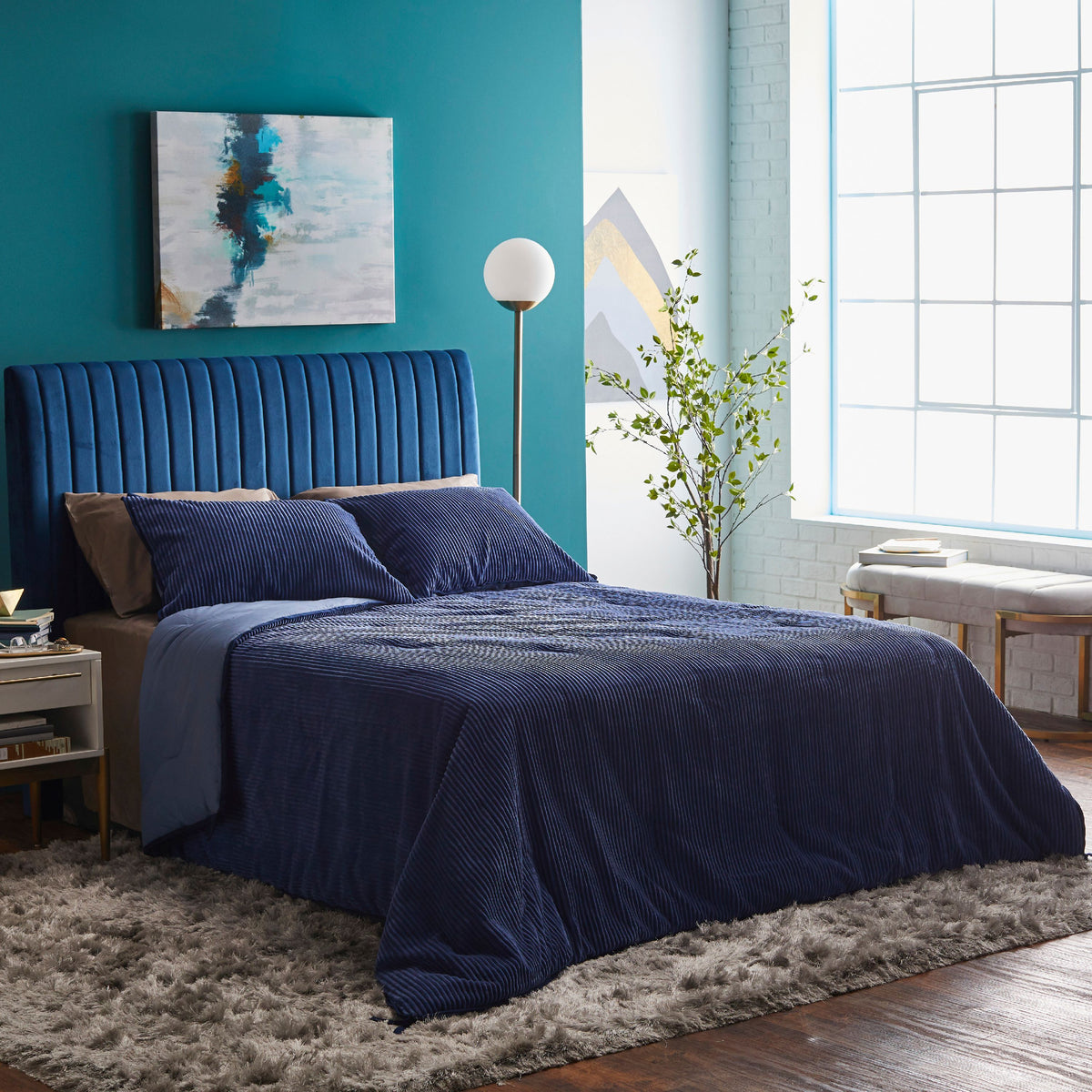 Luxury Corduroy Dark Blue 3-Piece Comforter Set Queen | Eco Trade Company